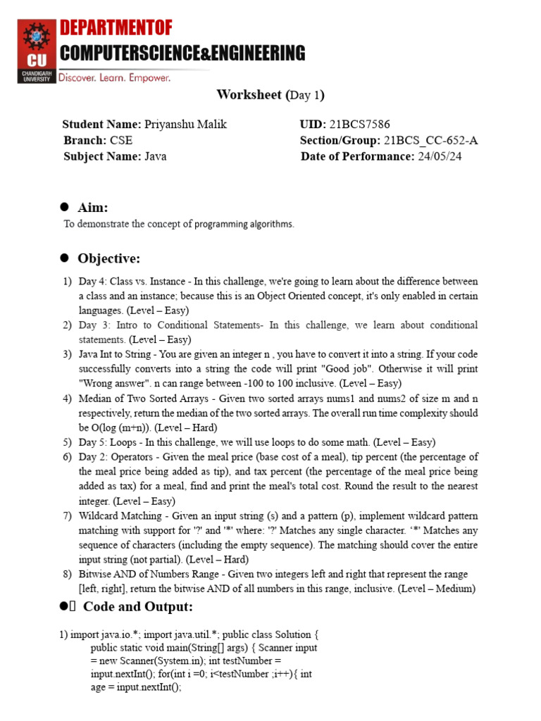 21BCS7586 PriyanshuMalik Day 1 | PDF | String (Computer Science) | Integer (Computer Science)