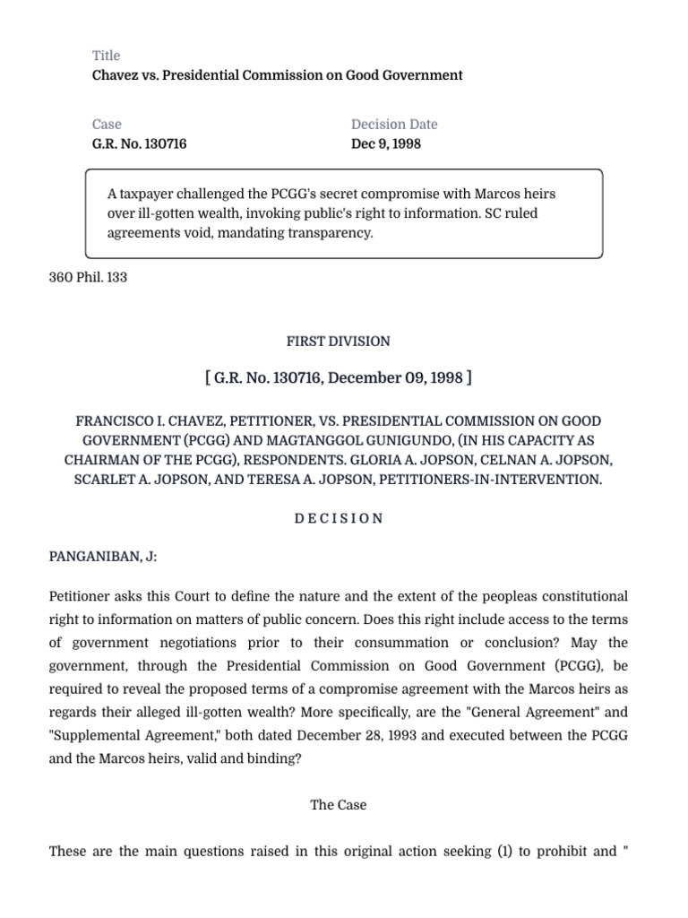 G.R. No. 130716 - Chavez vs. Presidential Commission On Good Government | PDF | Mandamus ...