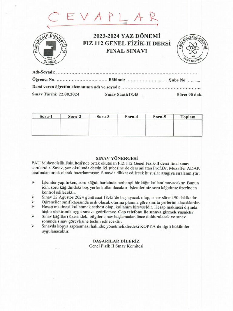 2024 Yaz Final Sinavi Cevaplar | PDF