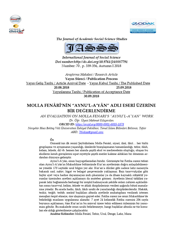 Molla Fenari̇'Ni̇n Aynul Ayan Adli Eseri̇ Üzeri̇ne Bi̇r Değerlendi̇rme | PDF