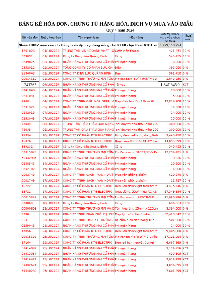 Bang Ke Hoa Don Chung Tu Hang Hoa Dich Vu Mua Vao (Mau Quan Tri)Hp | PDF