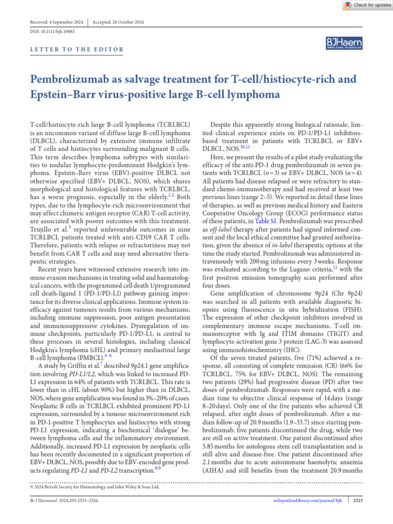Br J Haematol - 2024 - Schena - Pembrolizumab as salvage treatment for ...