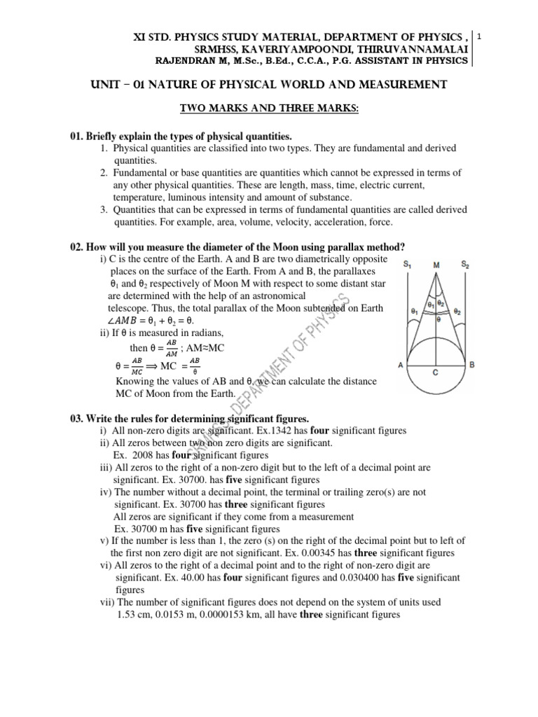 11th Physics Unit 1 Study Material English Medium | PDF | Observational Error | Astronomical Unit