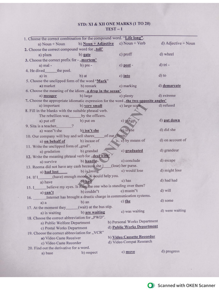 +2 Eng - One Mark - Test 1 | PDF