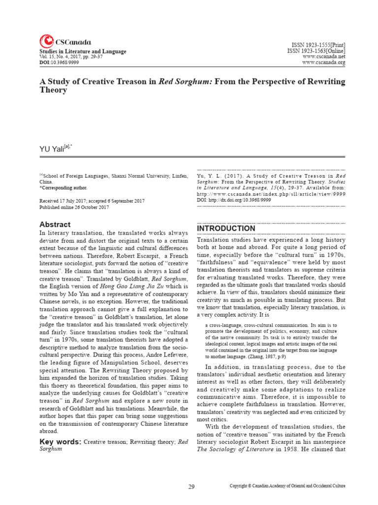 A Study of Creative Treason in Red Sorghum From The Perspective of ...
