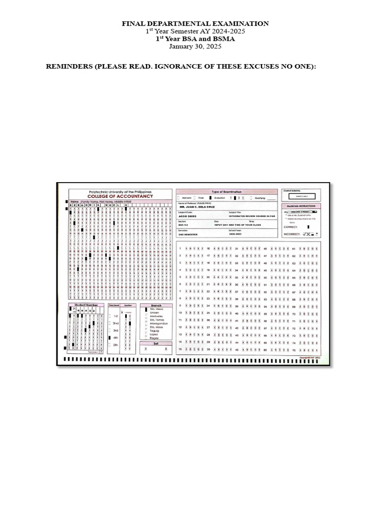 2025 1st Year BSA/BSMA Exam Guidelines | PDF | Office Work | Stationery