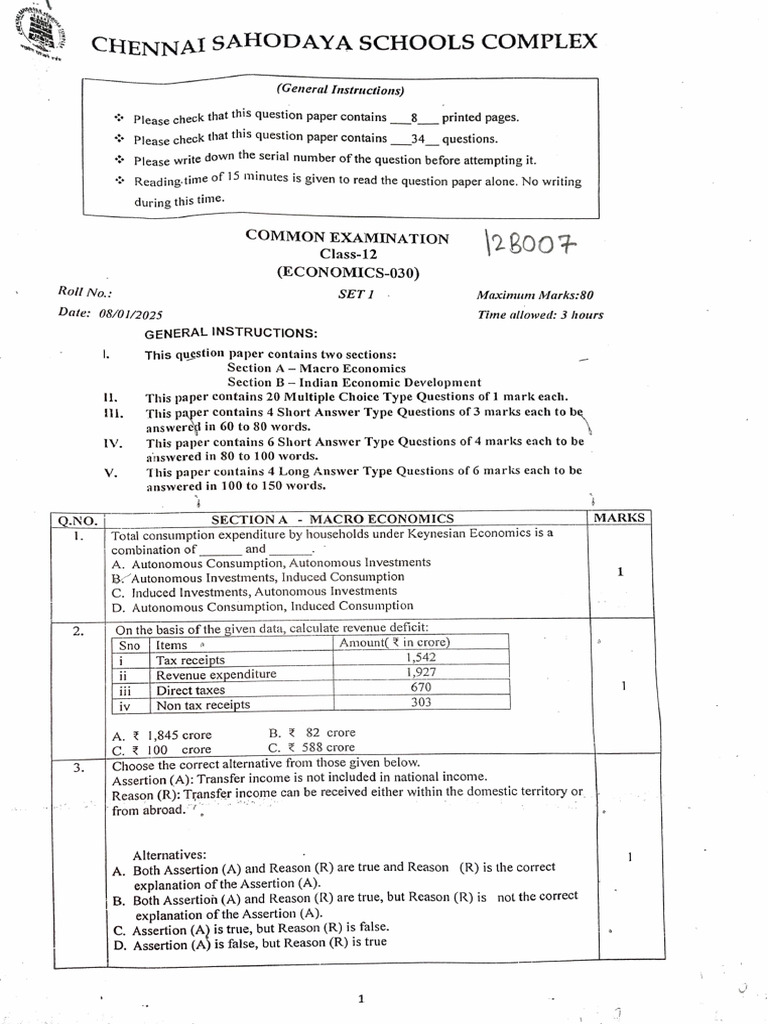 Economics Set-1 Sahodaya Question Paper 2025 | PDF | Deficit Spending | Taxes