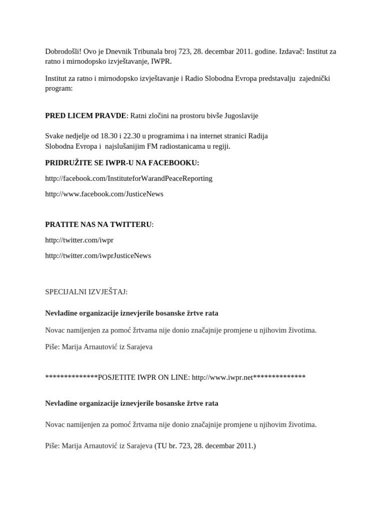 IWPR Novosti Iz Tribunala, Broj 723 | PDF
