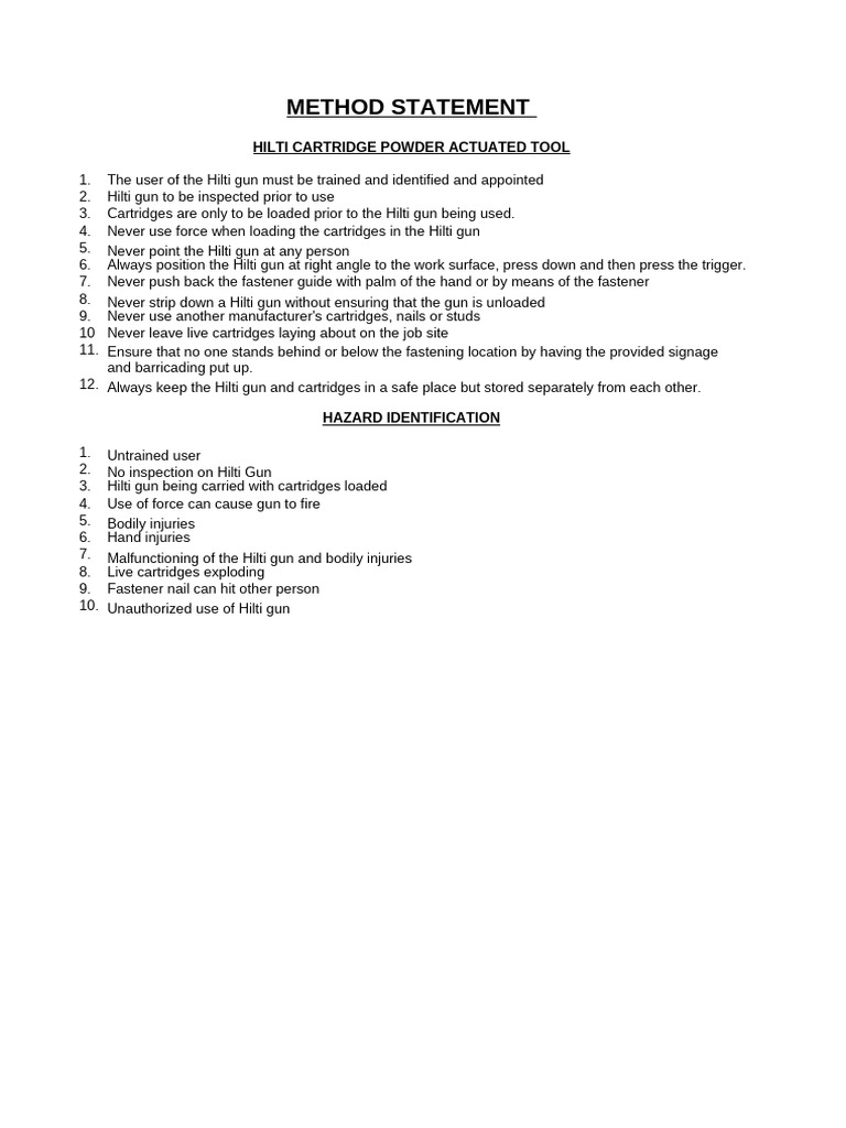 Method Statement Hilti Gun | PDF
