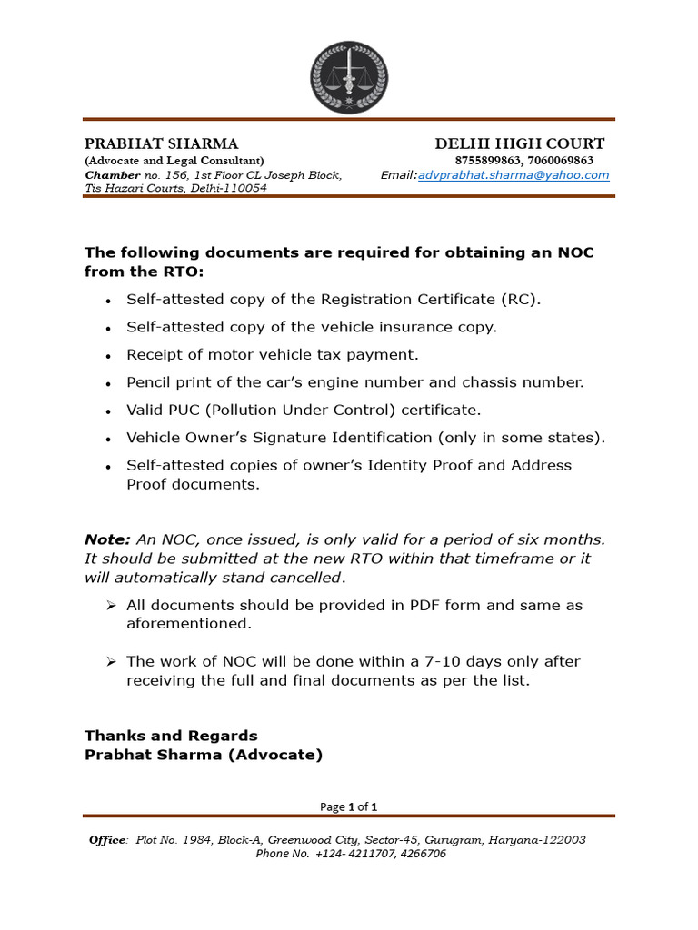 RTO NOC Document Checklist | PDF