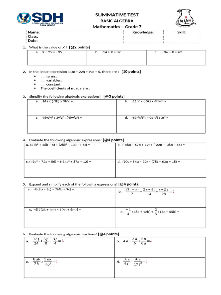Algebra Summative Test - Grade 7 | PDF | Mathematical Analysis | Algebra