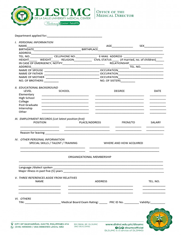 DLSUMC Residency Application Form | PDF | Residency (Medicine)