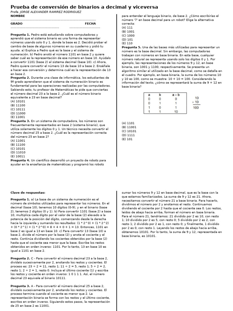 Prueba de Conversion de Binarios A Decimal y Viceverza 102 | PDF | Informática | Matemática ...