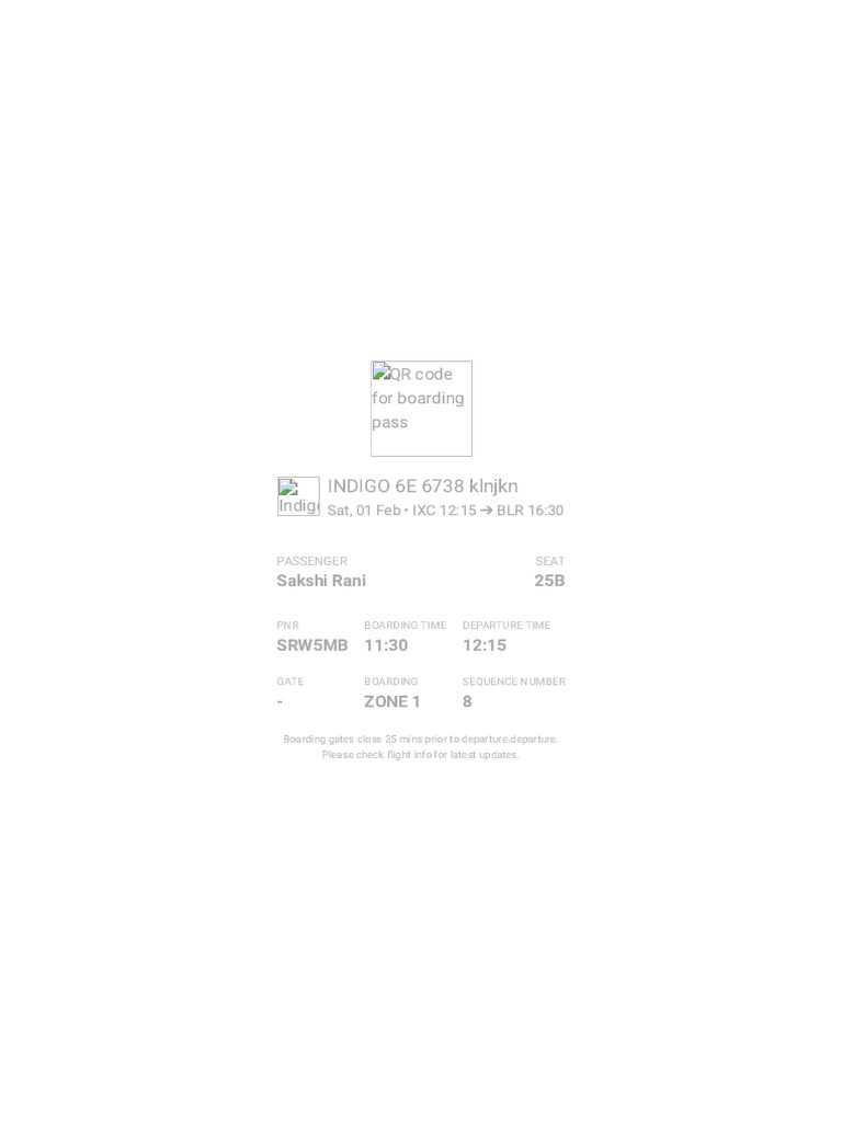 Indigo Flight 6E 6738 Boarding Pass QR Code | PDF