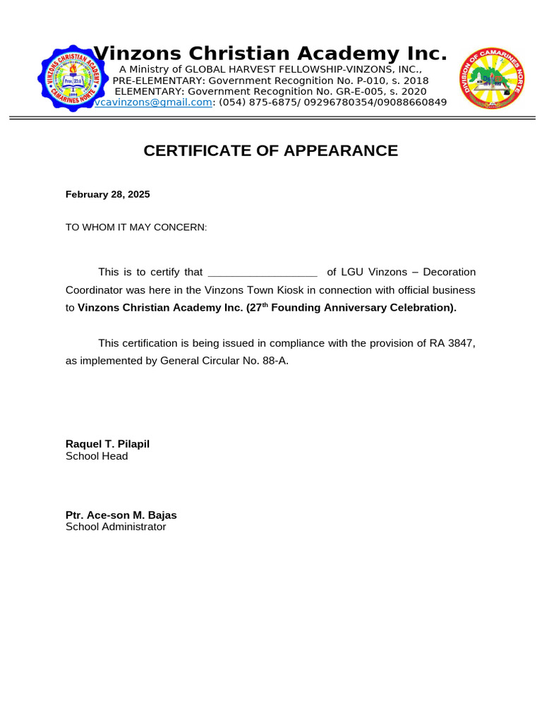Certificate of Appearance Notice | PDF