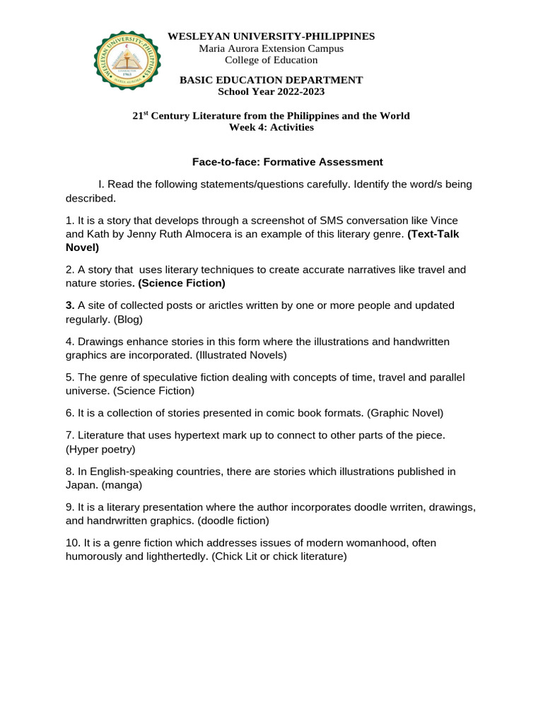 Week 4 Formative Assessment | PDF