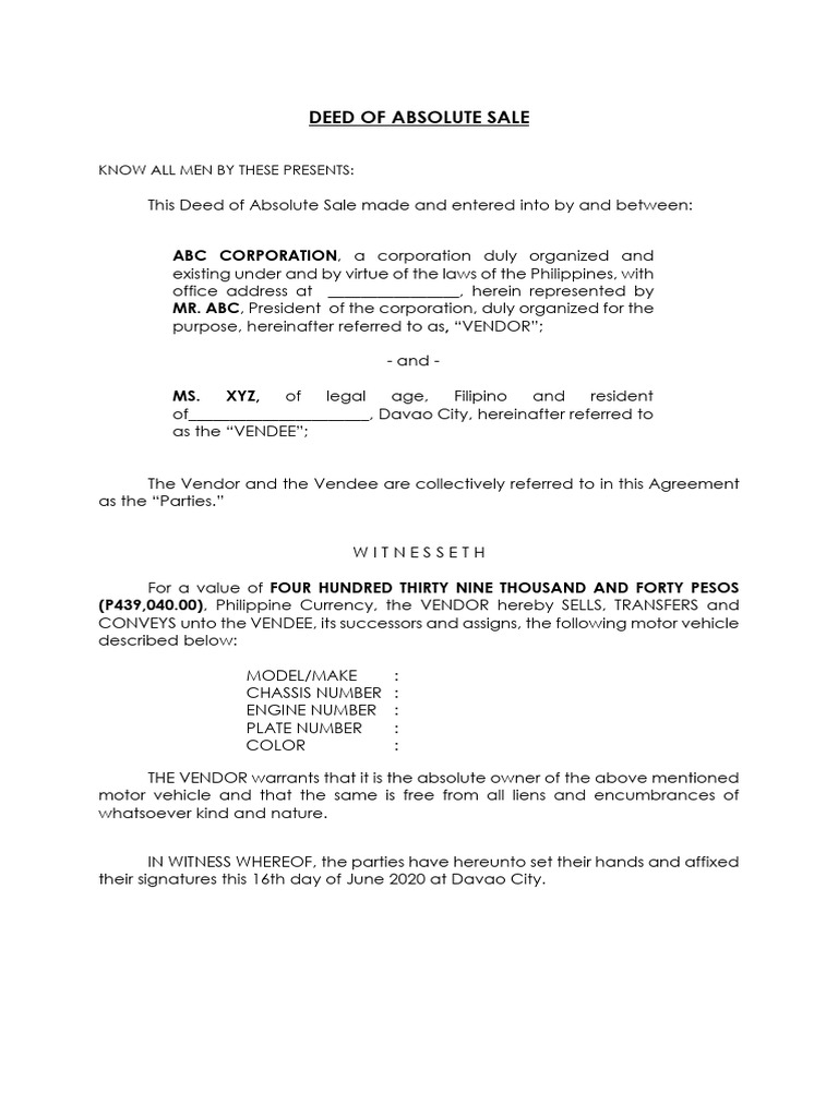 Deed of Absolute Sale | PDF | Deed | Land Law