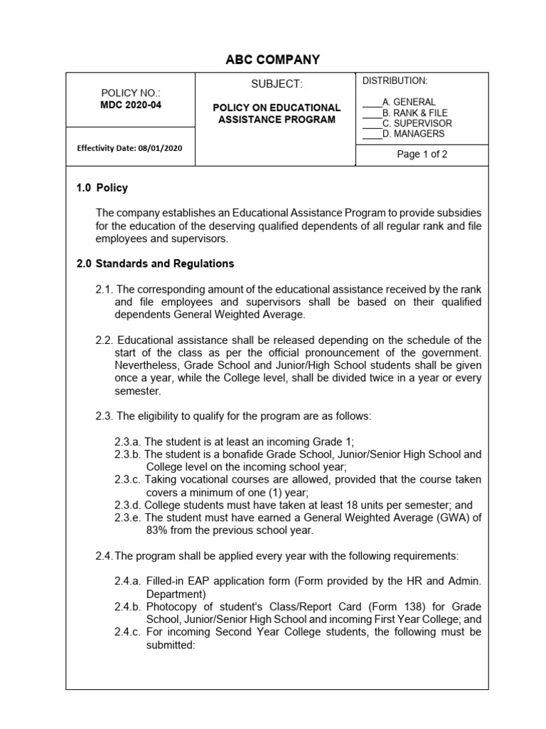 Policy On Educational Assistance Program | PDF