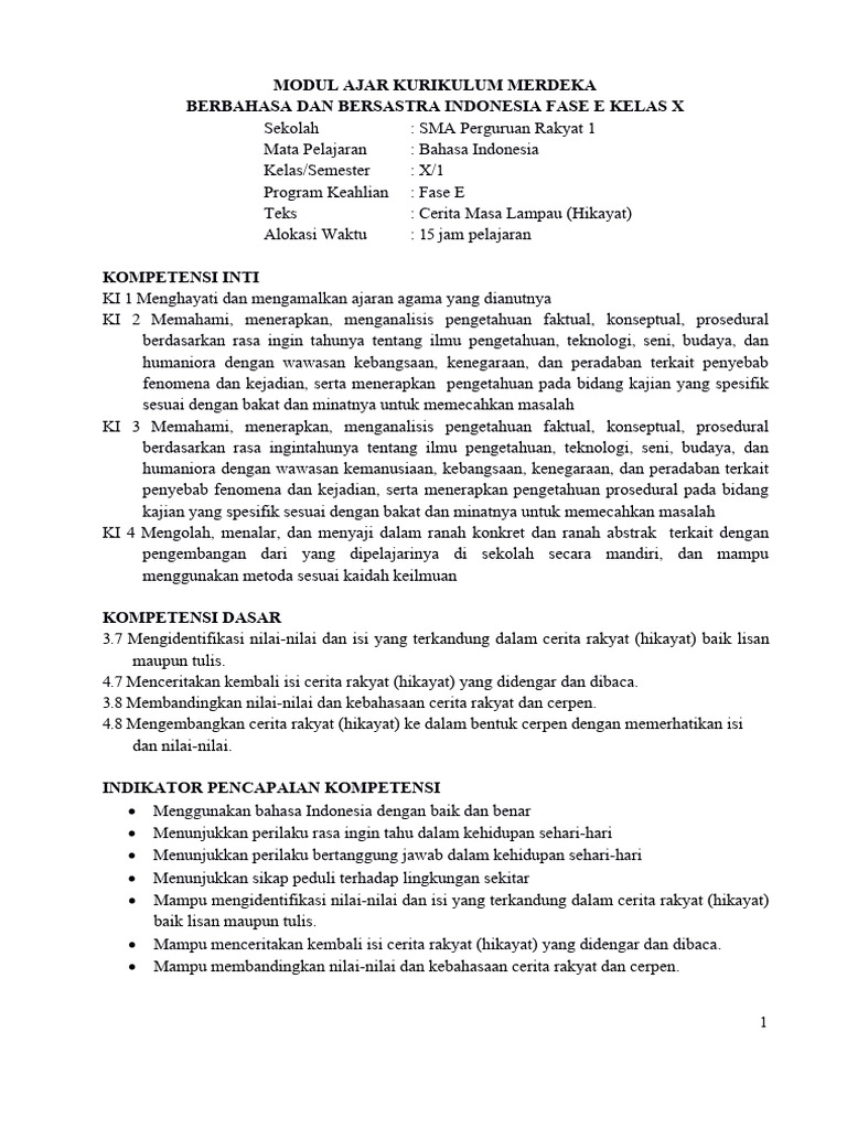 Modul Ajar (Hikayat Kelas X) | PDF