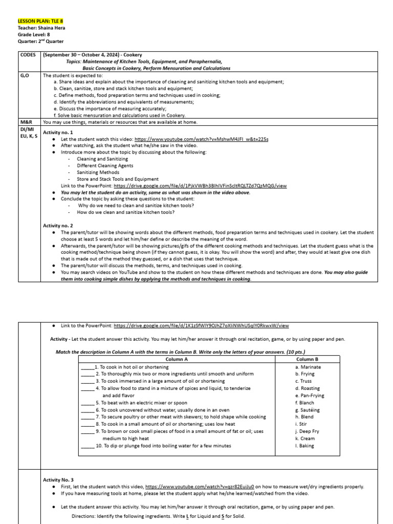 G8 - 2nd Quarter LP in TLE | PDF | Cooking | Pancake