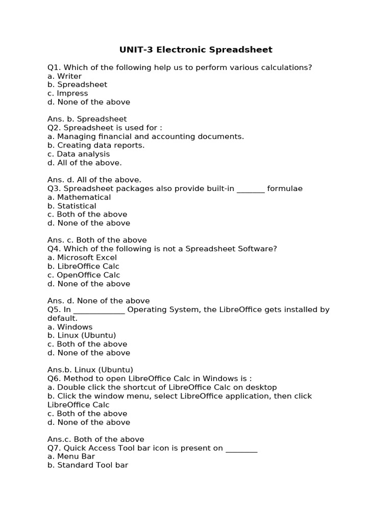 UNIT-4 Electronic Spreadsheet MCQ | PDF | Spreadsheet | Software