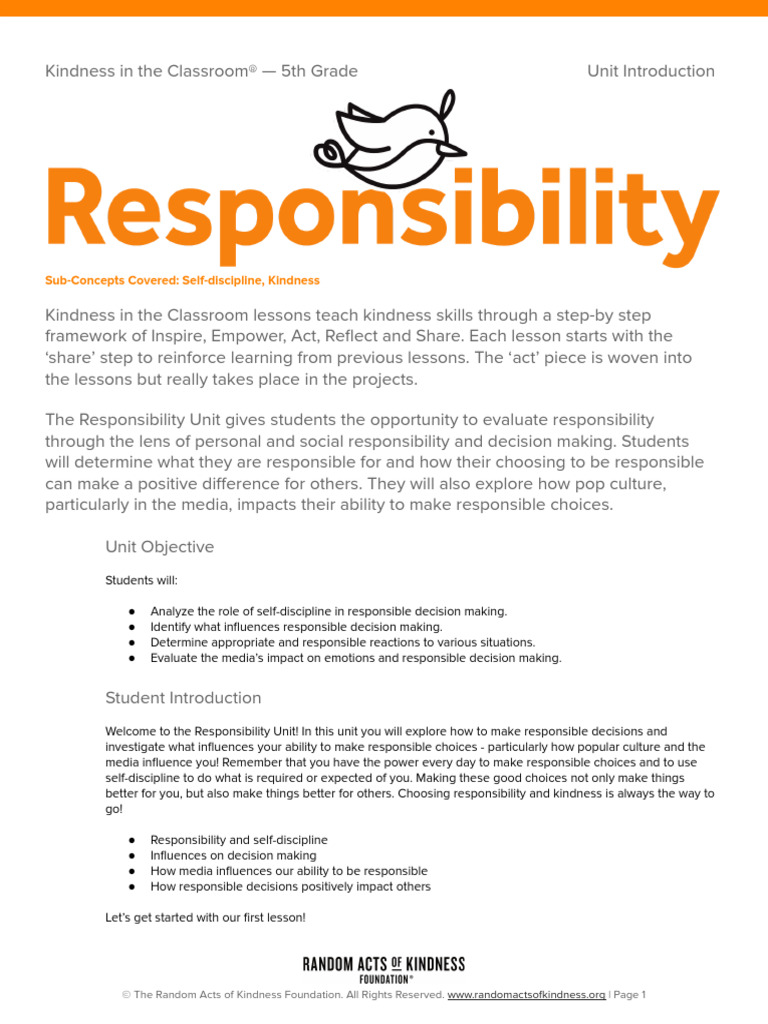 Grade Grade 5 Responsibility Unit Introduction | PDF | Disciplines ...