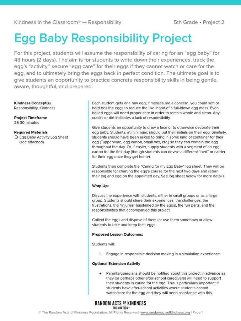 Grade 5 Responsibility Project 2 Egg Baby Responsibility Project | PDF ...