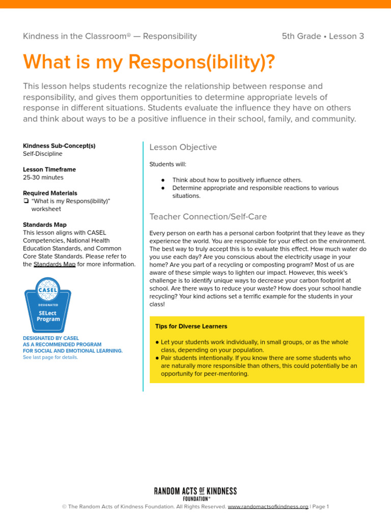 Grade 5 Responsibility Lesson 3 What Is My Responsibility | PDF ...