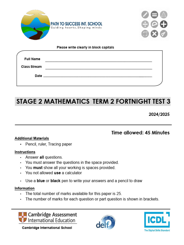 Grade 2 Test Cambridge Primary Mathematics | PDF | Symmetry | Shape