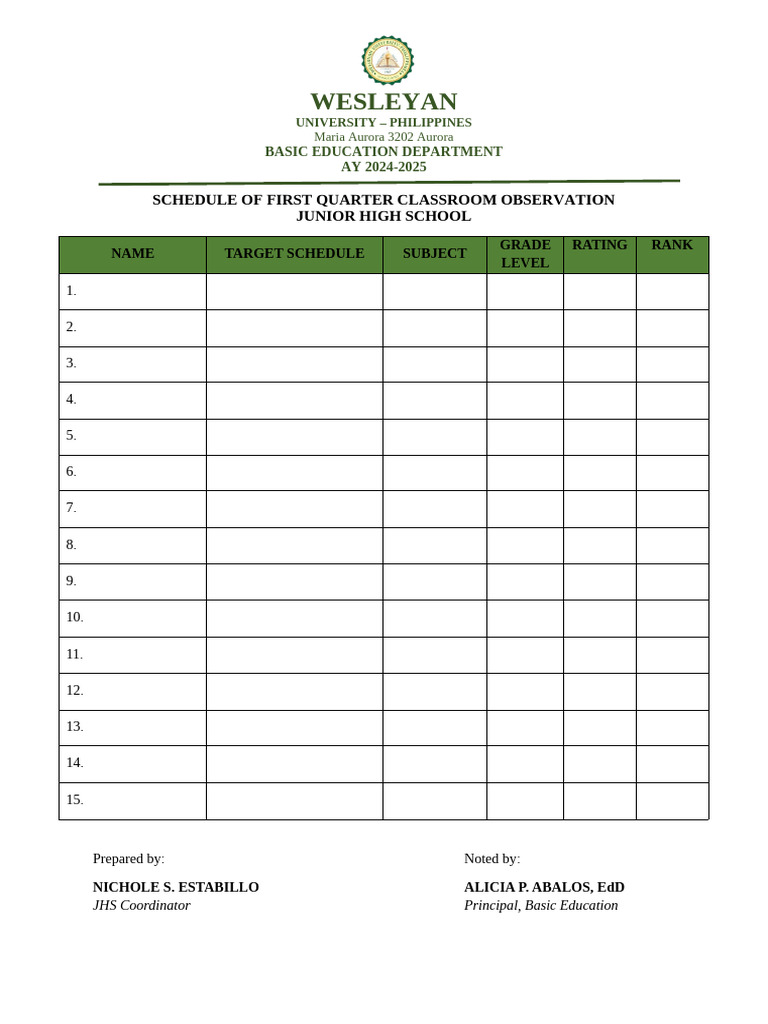 Template-Classroom Observation Schedule | PDF
