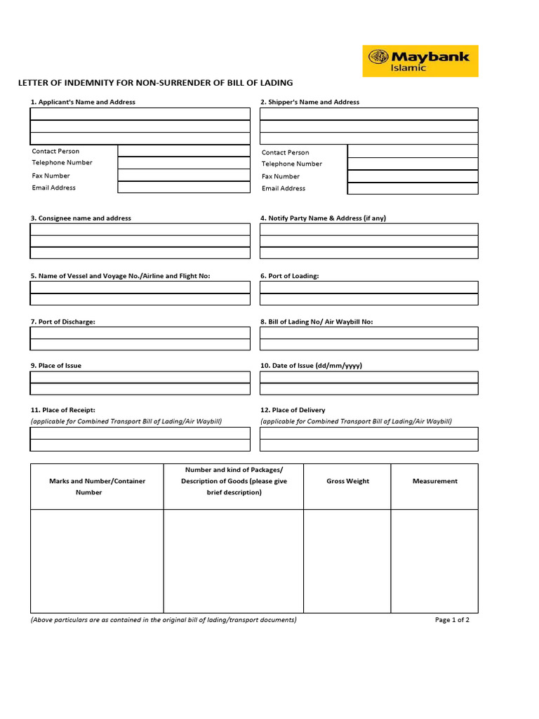Letter Indemnity Bill Lading I | PDF | Bill Of Lading | Cargo