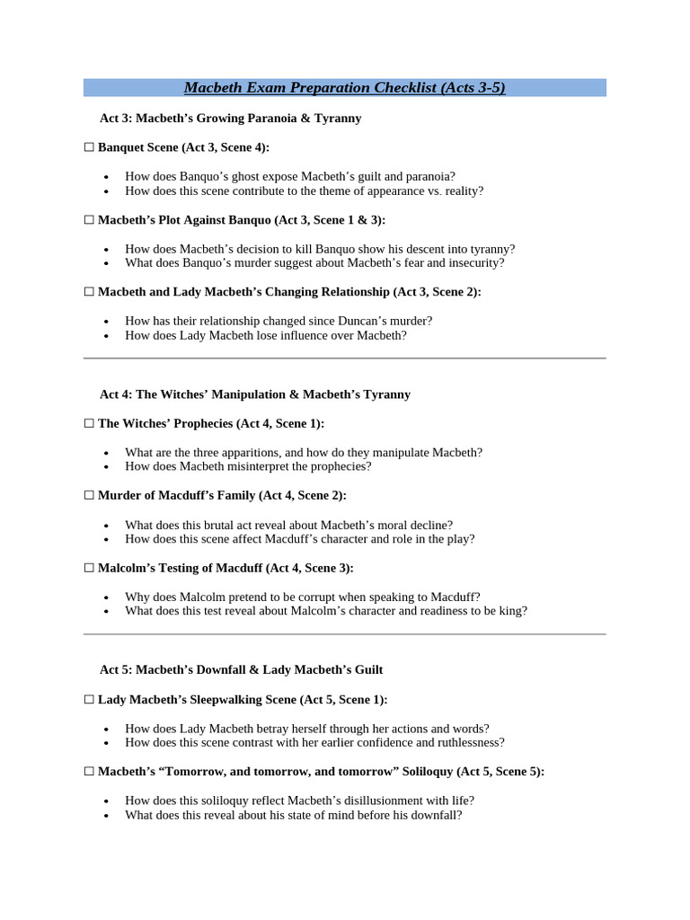 Macbeth Exam Preparation Checklist | PDF | Macbeth | Shakespearean ...
