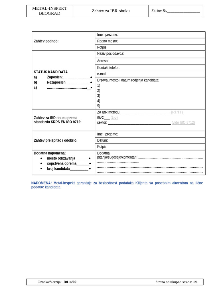 Obrazac TC - 01a (Zahtev Za IBR Obuku) | PDF