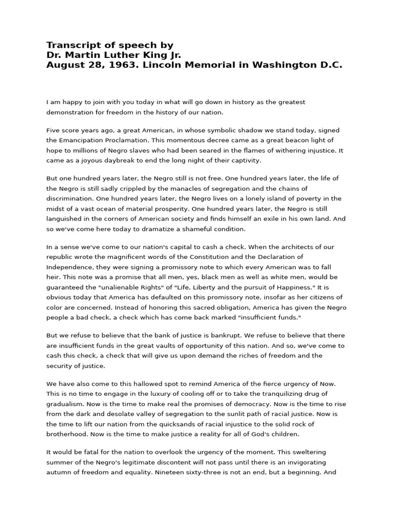 I Have A Dream Speech Transcript | PDF