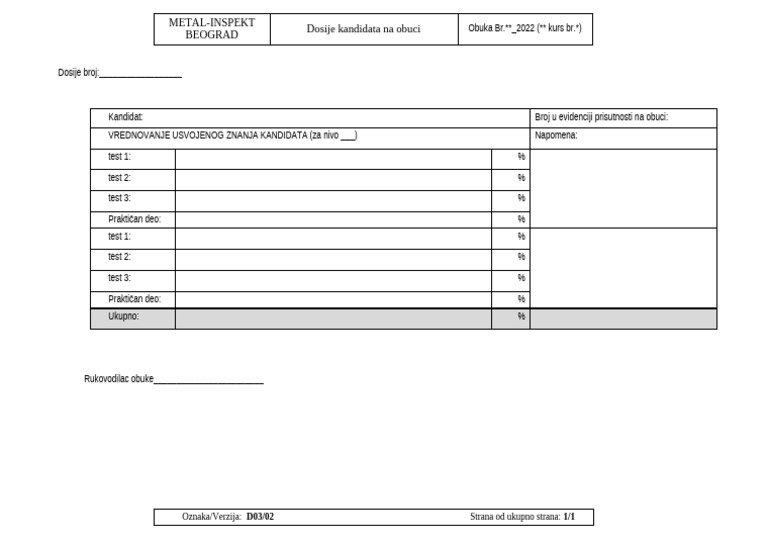 Obrazac TC - 03 (Dosije Za Obuku) | PDF