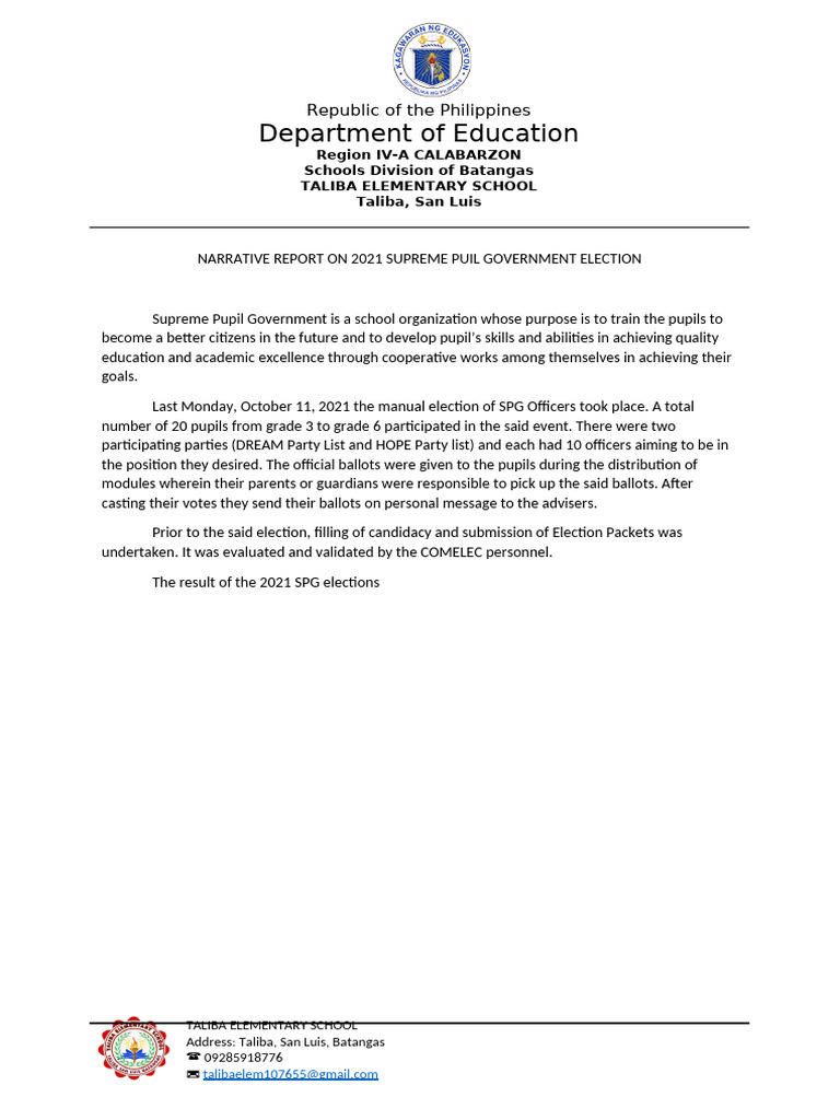 Narrative Report On 2021 SPG Election | PDF