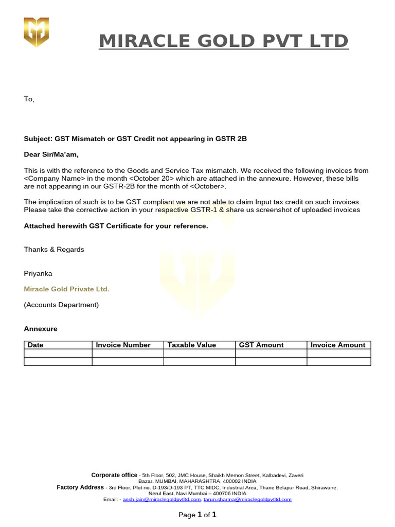2A Mismatch Letter Draft | PDF