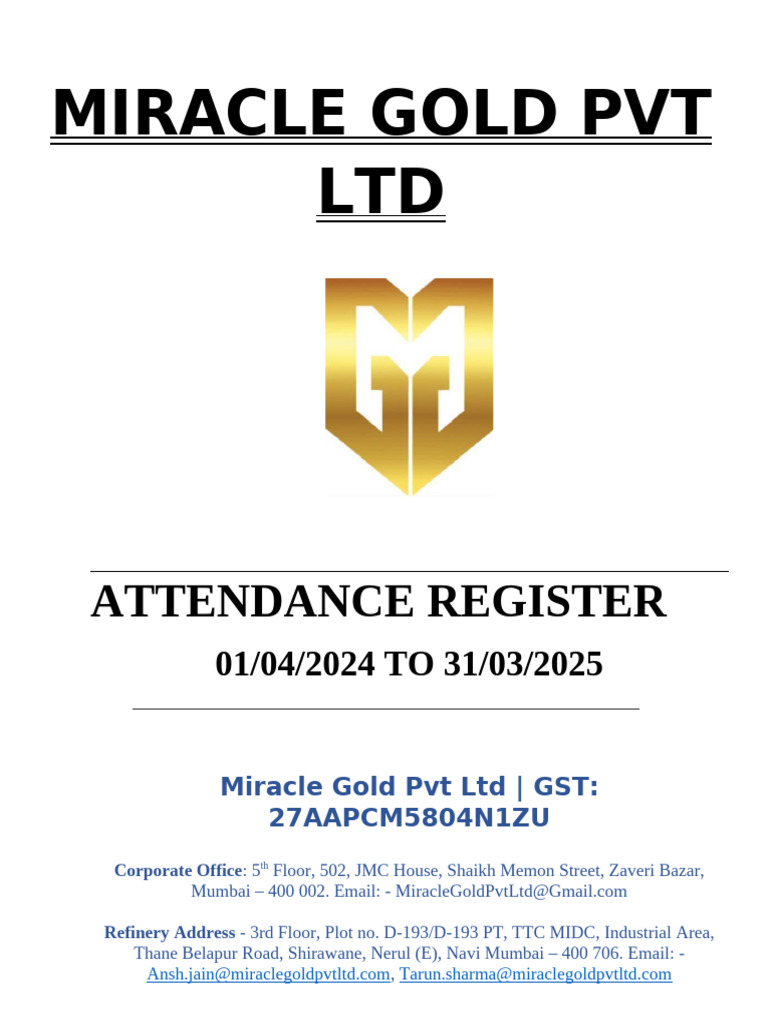 Miracle Gold Pvt Ltd Attendance Register | PDF