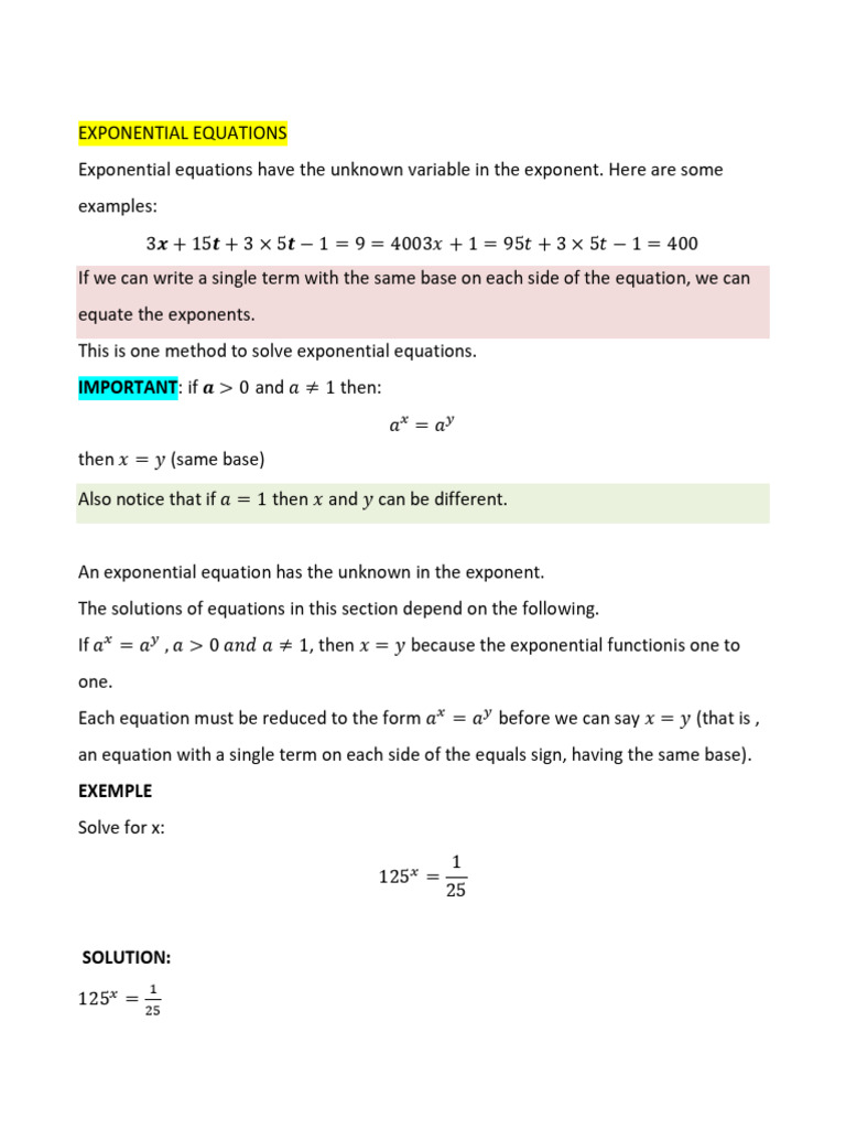 Solving EXPONENTIAL EQUATION | PDF
