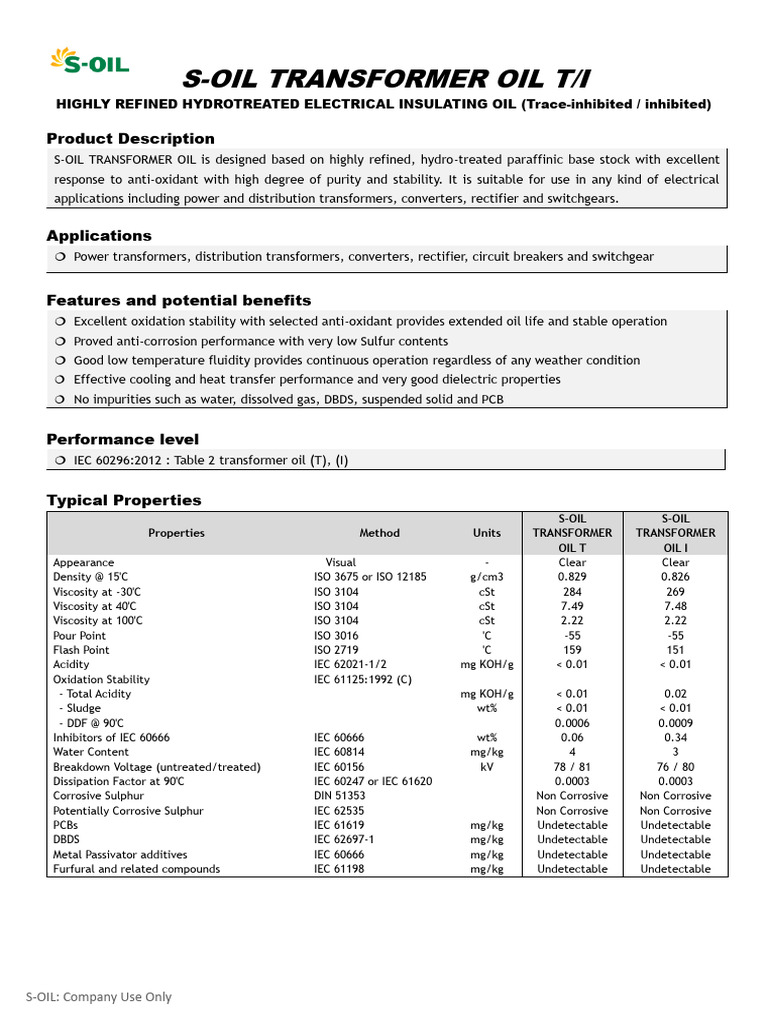 S-OIL Transformer Oil Specifications | PDF | Materials | Chemical ...