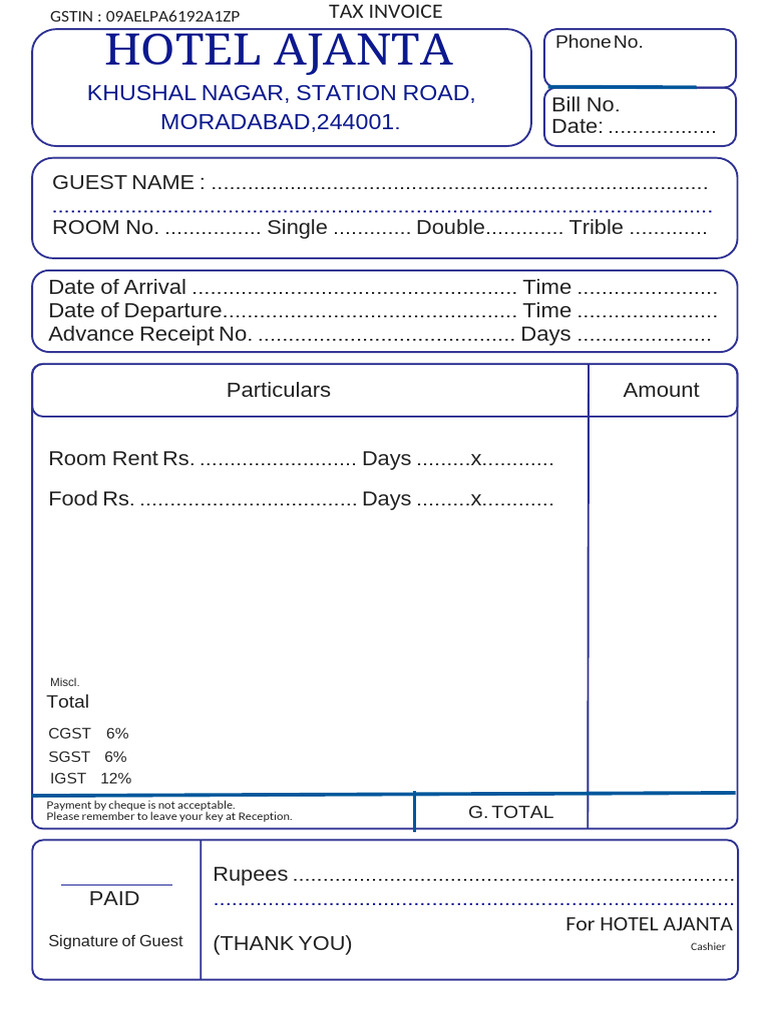Hotel Ajanta Tax Invoice Template | PDF