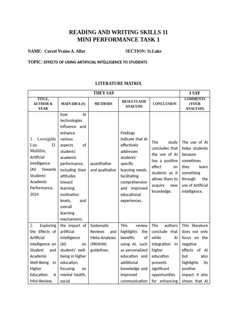 Mini Ptask 1 - Lit. Review Format | PDF | Intelligence (AI) & Semantics | Artificial Intelligence