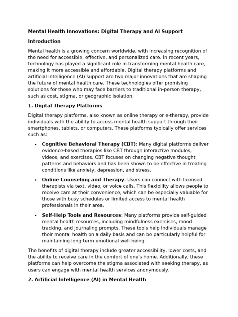 Mental Health Innovations | PDF | Mental Health | Cognitive Behavioral ...