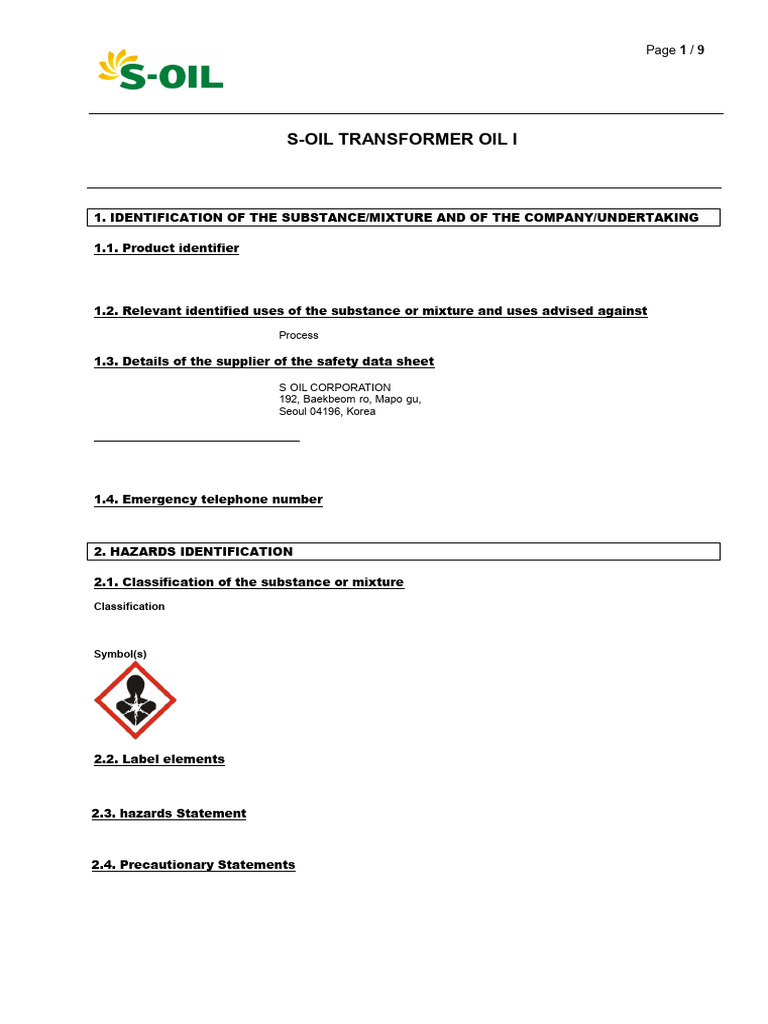 S-OIL+TRANSFORMER+OIL_MSDS | PDF | Toxicity | Waste Management