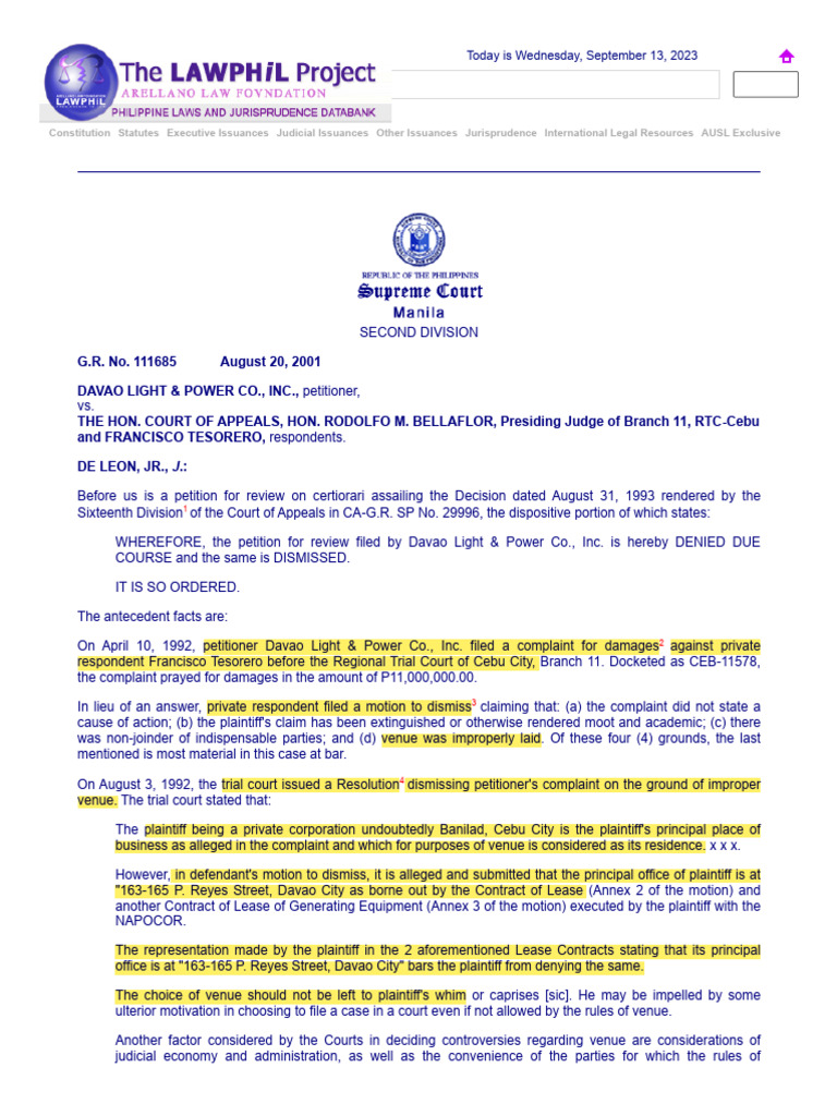 Davao Light vs. Court of Appeals Venue Dispute | PDF | Complaint | Lawsuit