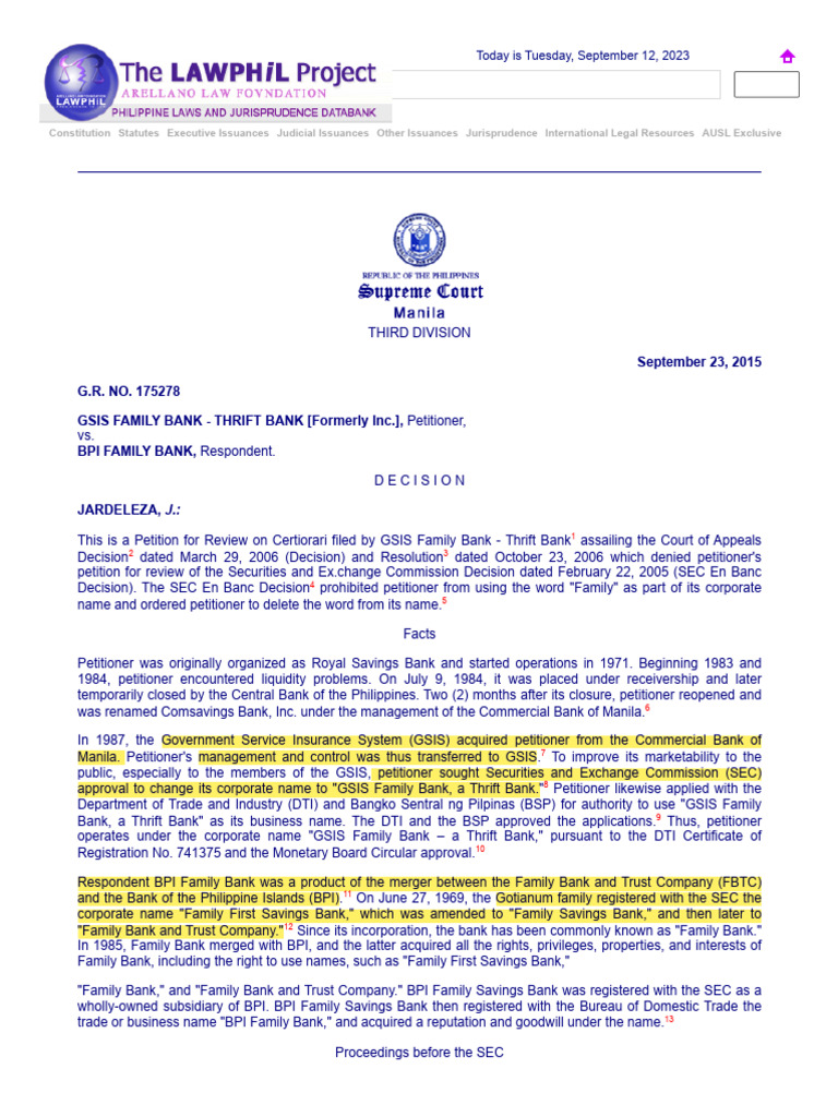 G.R. No. 175278 GSIS Family Bank V BPI Family Bank | PDF | Trademark ...