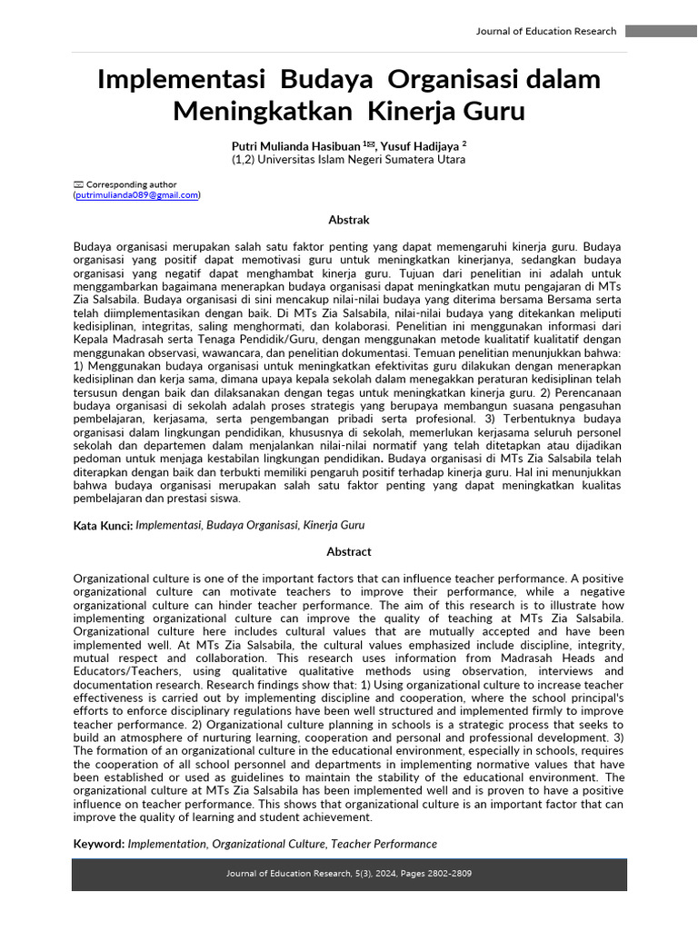 Implementasi Budaya Organisasi Dalam Meningkatkan Kinerja Guru | PDF