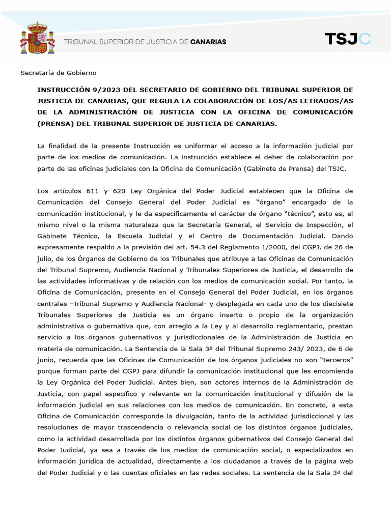 Instrucción 9-2023 Del Secretario de Gobierno Del TSJ Canarias | PDF | Judicaturas | Esfera pública