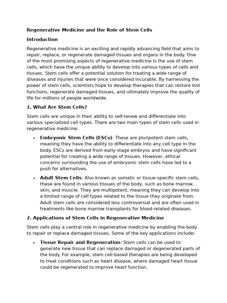 Regenerative Medicine and The Role of Stem Cells | PDF | Stem Cell ...