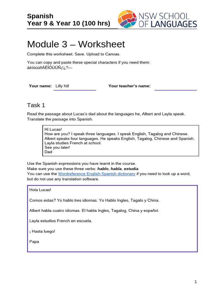 Spanish Module 3 Worksheet Term 1 | PDF